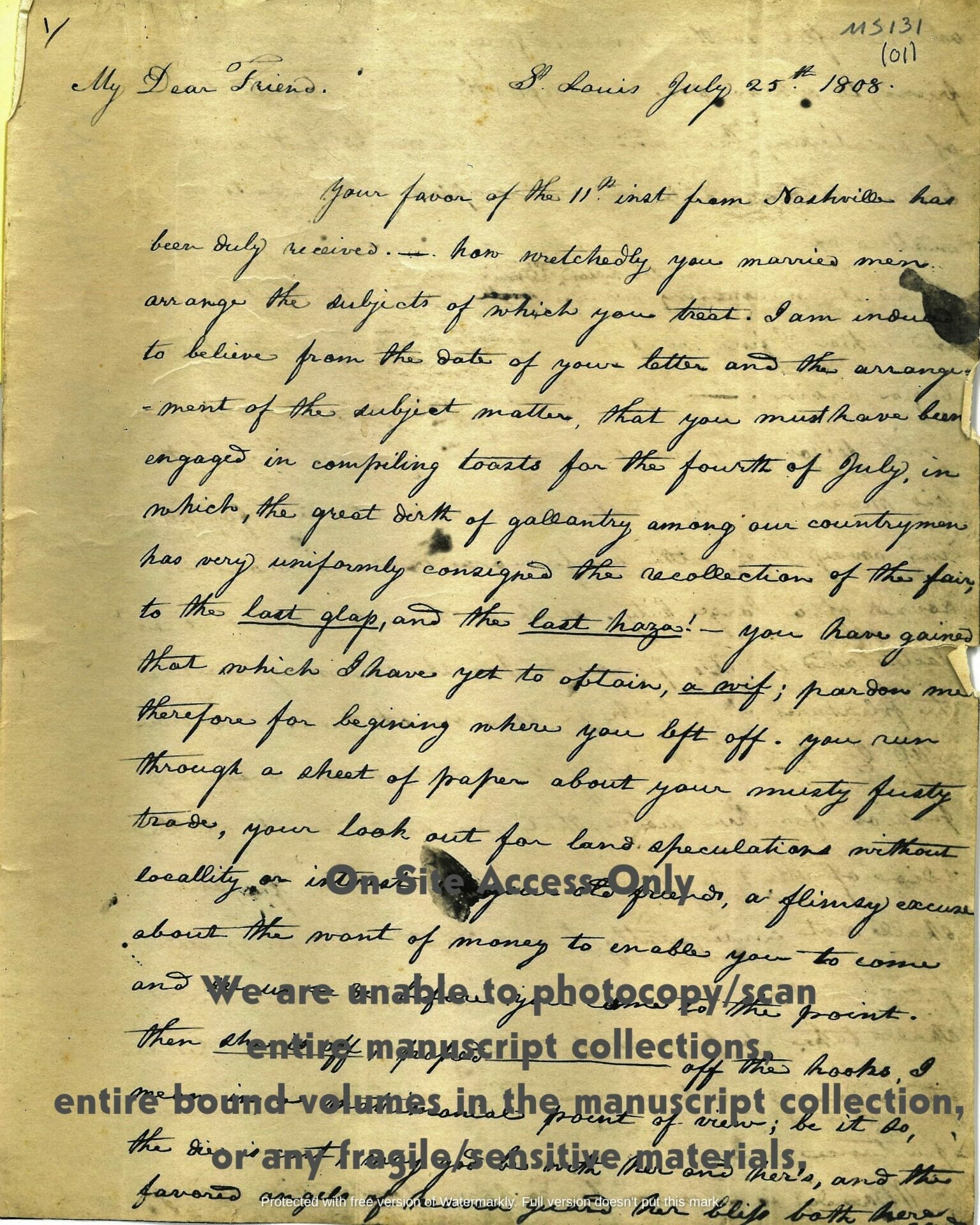 Meriwether Lewis Letter - The Albemarle Charlottesville Historical Society